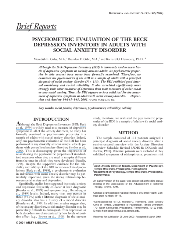 (PDF) Psychometric evaluation of the Beck depression inventory in ...