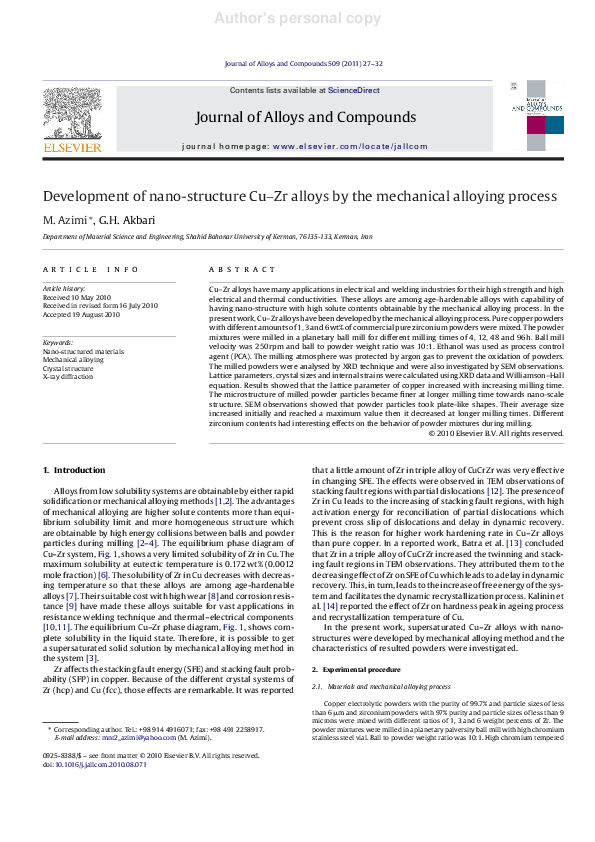 (PDF) Development of nano-structure Cu–Zr alloys by the mechanical ...