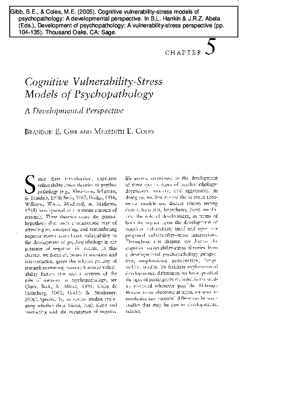 (PDF) Cognitive Vulnerability-Stress Models of Psychopathology: A ...
