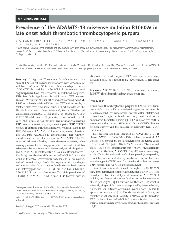 (PDF) High prevalence of hereditary thrombotic thrombocytopenic purpura ...