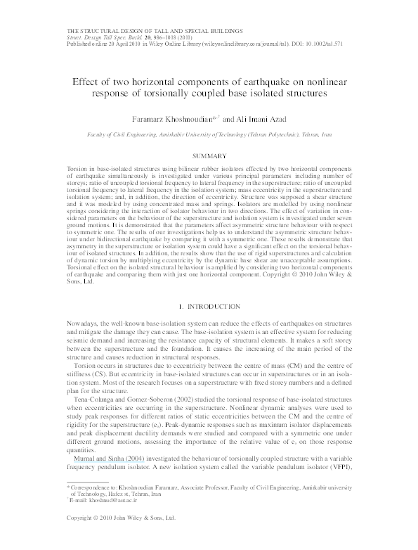 Pdf Effect Of Two Horizontal Components Of Earthquake On Nonlinear Response Of Torsionally