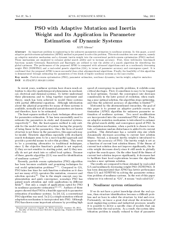 Pdf Pso With Adaptive Mutation And Inertia Weight And Its Application In Parameter Estimation