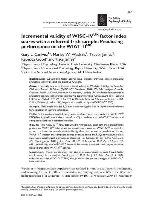 (PDF) Incremental validity of WISC-IV UK factor index scores with a ...