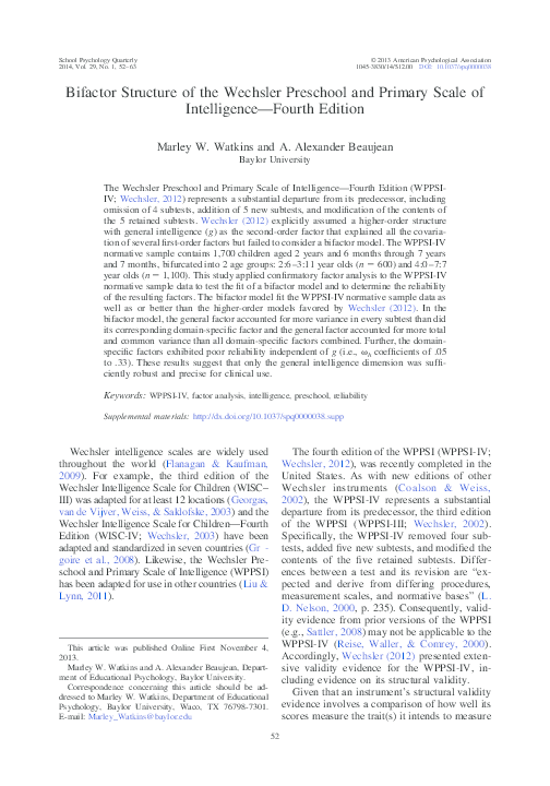 (PDF) Bifactor structure of the Wechsler Preschool and Primary Scale of ...