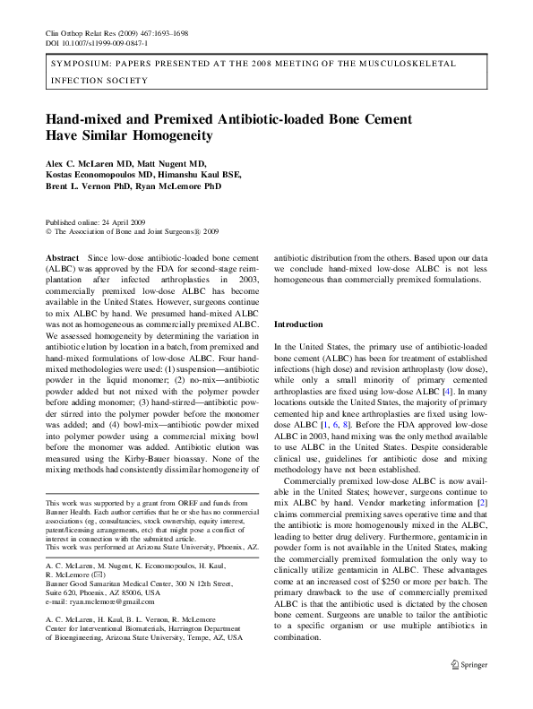 (PDF) Hand-mixed and Premixed Antibiotic-loaded Bone Cement Have ...