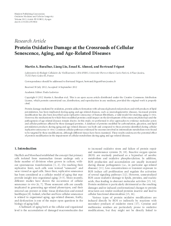 (PDF) Protein oxidative damage at the crossroads of cellular senescence, aging, and age-related ...