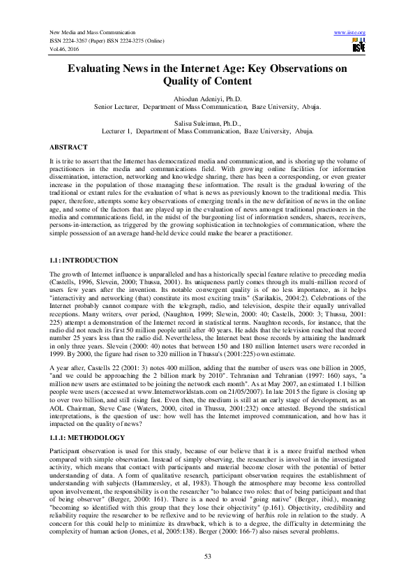 (PDF) EVALUATING NEWS IN THE INTERNET AGE-KEY ISSUES IN QUALITY AND ...