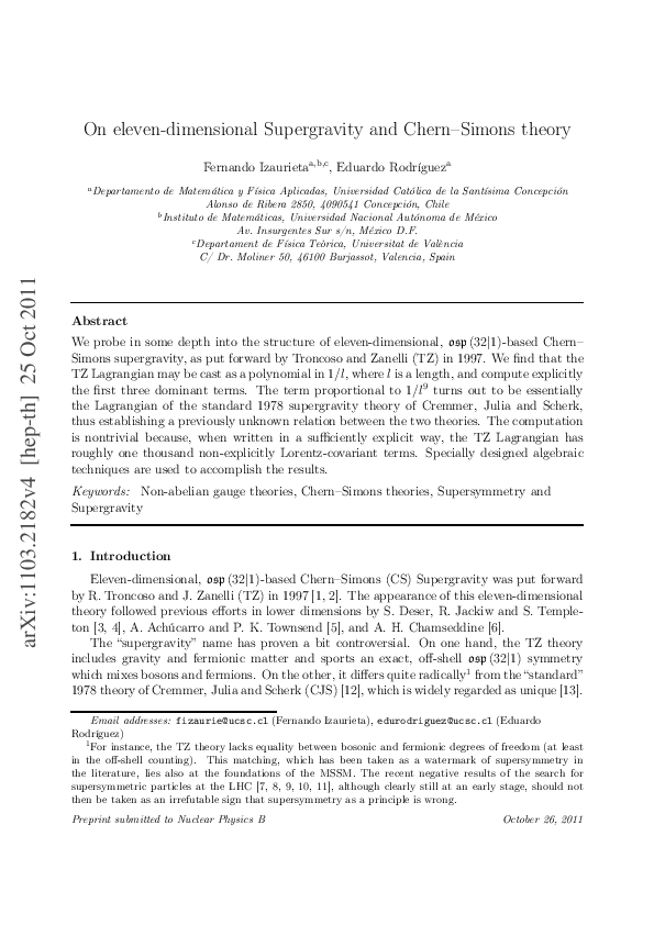 Pdf On Eleven Dimensional Supergravity And Chern Simons Theory