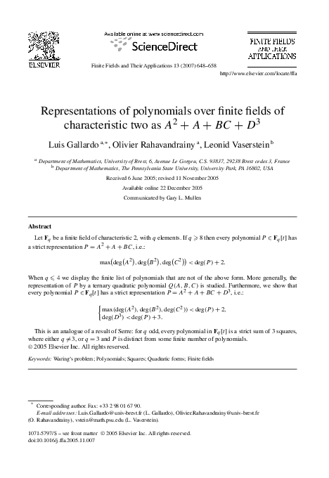 Pdf Representations Of Polynomials Over Finite Fields Of Characteristic Two As