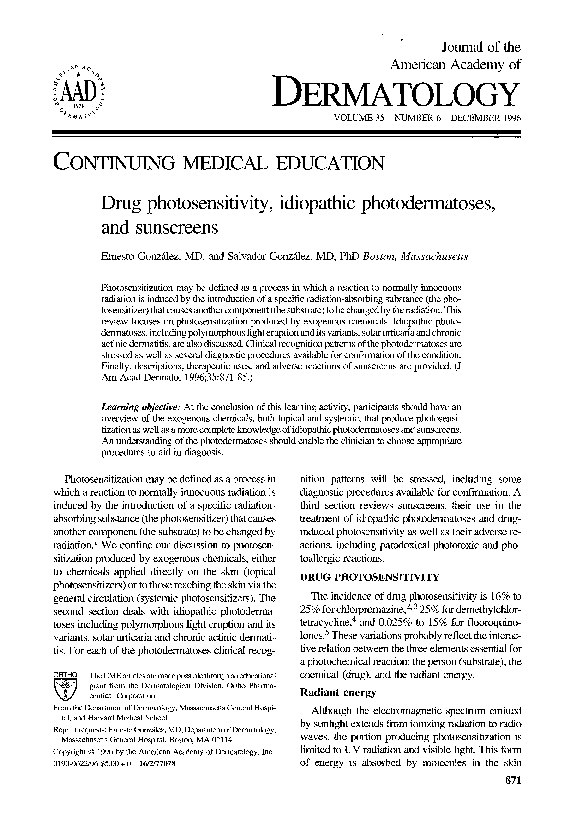 (PDF) Drug photosensitivity, idiopathic photodermatoses, and sunscreens