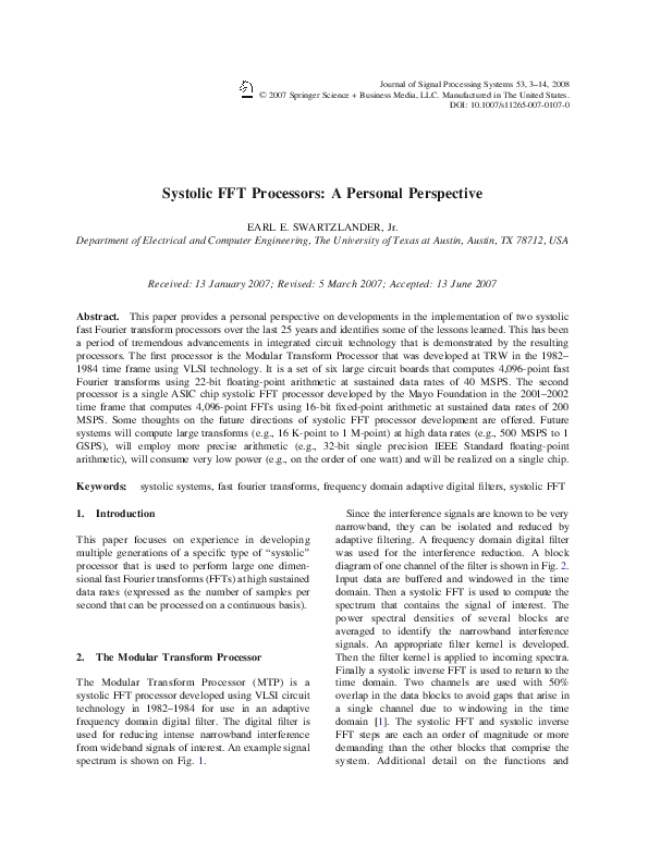 (PDF) Systolic FFT Processors: A Personal Perspective