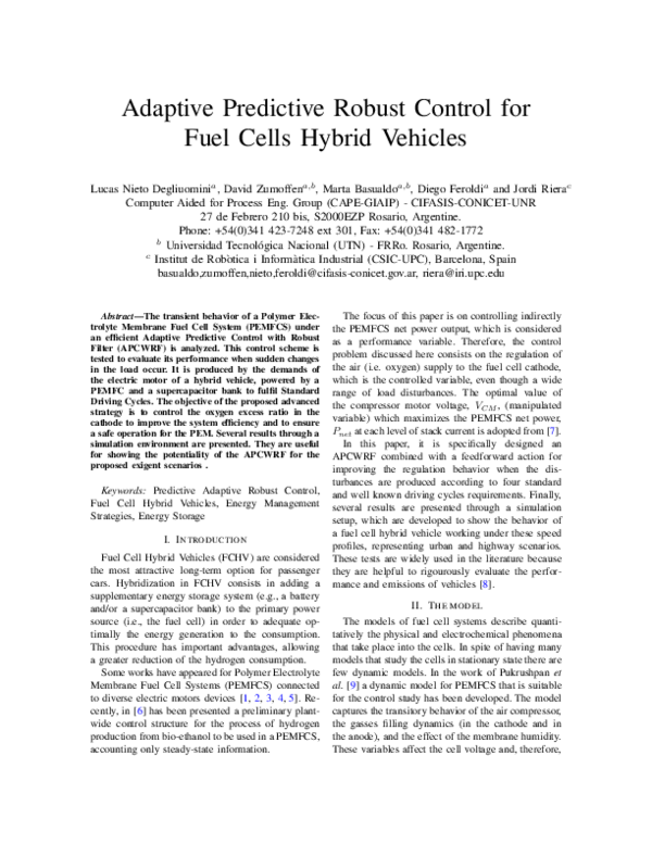 Pdf Adaptive Predictive Robust Control For Fuel Cells Hybrid Vehicles David Zumoffen