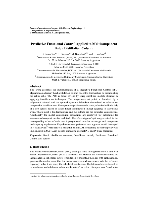 Pdf Predictive Functional Control Applied To Multicomponent Batch Distillation Column