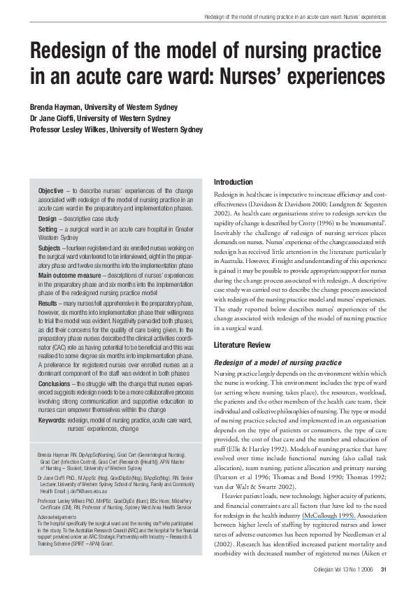(PDF) Redesign of the model of nursing practice in an acute care ward ...