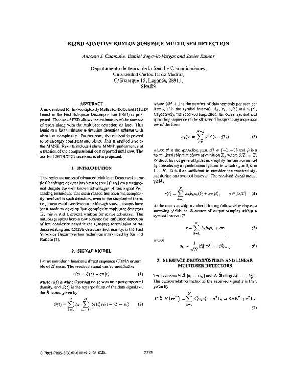 Pdf Blind Adaptive Krylov Subspace Multiuser Detection