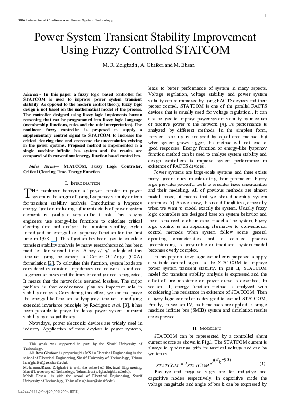 Power System Transient Stability Improvement Using Fuzzy Controlled STATCOM