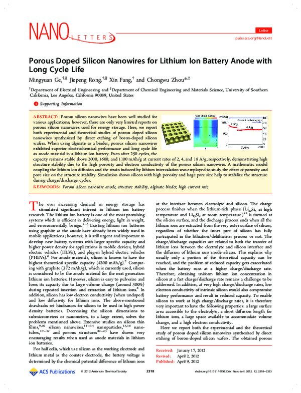 (PDF) Porous Doped Silicon Nanowires for Lithium Ion Battery Anode with Long Cycle Life