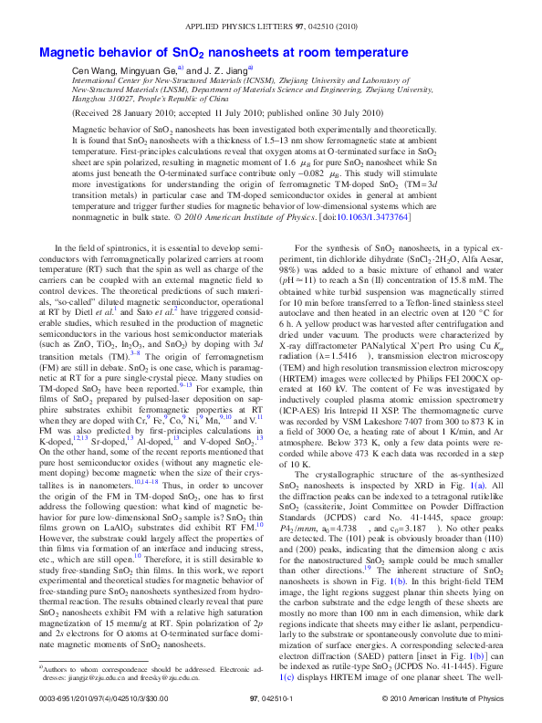 (PDF) Magnetic behavior of SnO2 nanosheets at room temperature