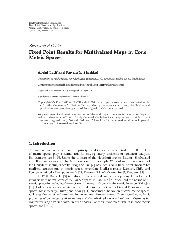 Pdf Fixed Point Results For Multivalued Maps In Cone Metric Spaces