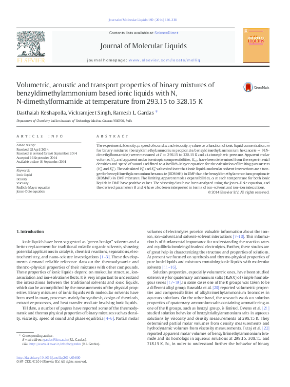 (PDF) Volumetric, acoustic and transport properties of binary mixtures of benzyldimethylammonium ...