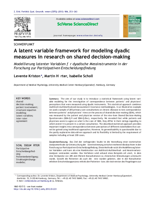 Pdf A Latent Variable Framework For Modeling Dyadic Measures In Research On Shared Decision Making