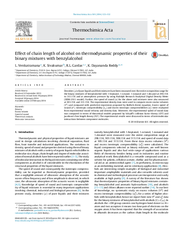 (PDF) Effect of chain length of alcohol on thermodynamic properties of ...