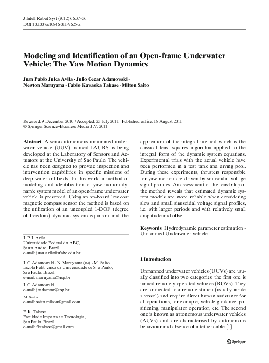 (PDF) Modeling and Identification of an Open-frame Underwater Vehicle: The Yaw Motion Dynamics