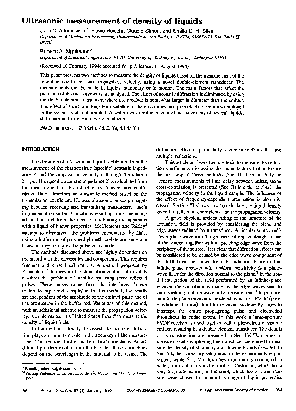 (PDF) Density Measurement of Liquids Using Ultrasonic Techniques
