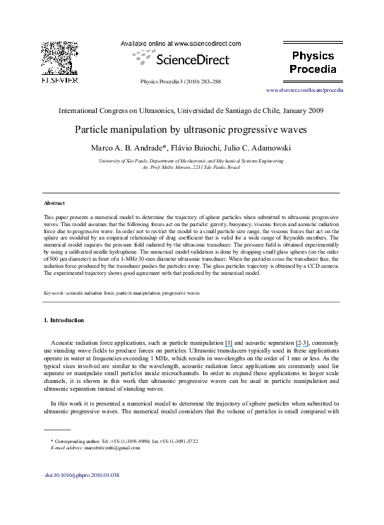 (PDF) Particle manipulation by ultrasonic progressive waves