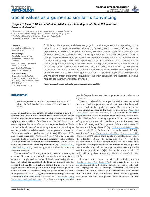 (PDF) Social values as arguments: similar is convincing