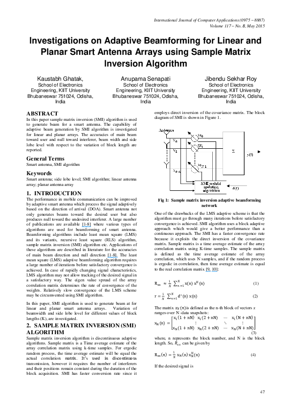 Pdf Investigations On Adaptive Beamforming For Linear And Planar Smart Antenna Arrays Using