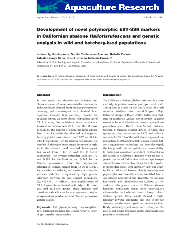 Development Of Novel Polymorphic Est Ssr Markers In Californian Abalone