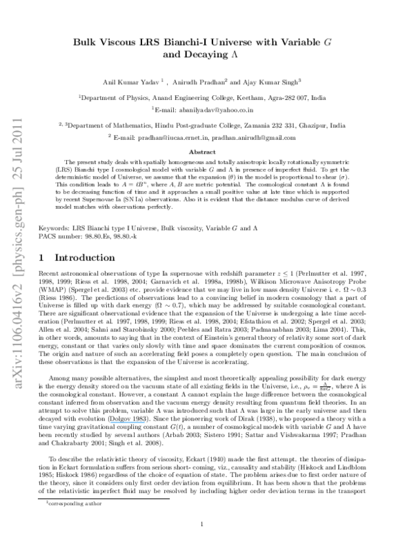 (PDF) Bulk viscous LRS Bianchi-I Universe with variable G and decaying Λ