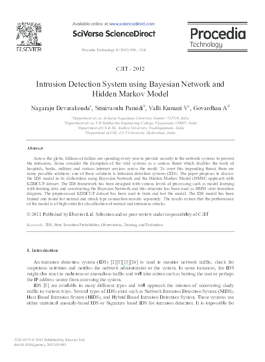 Pdf Intrusion Detection System Using Bayesian Network And Hidden