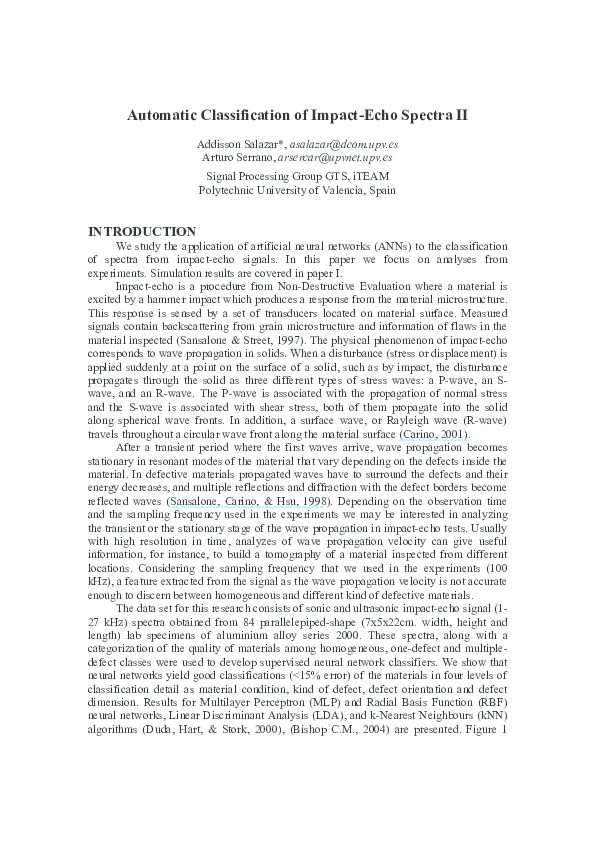 (PDF) Automatic Classification of Impact-Echo Spectra I