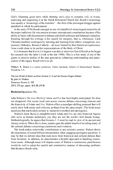 (PDF) Review of John Walton's "The Lost World of Adam and Eve"