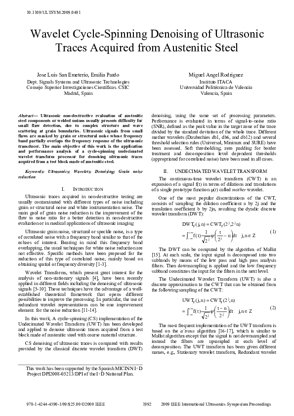 (PDF) Wavelet cycle-spinning denoising of ultrasonic traces acquired from austenitic steel