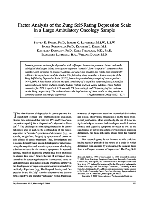 (PDF) Factor Analysis of the Zung Self-Rating Depression Scale in a ...