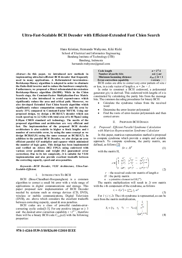 Pdf Ultra Fast Scalable Bch Decoder With Efficient Extended Fast