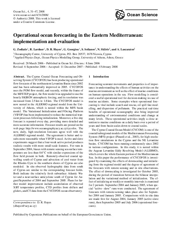 Pdf Operational Ocean Forecasting In The Eastern Mediterranean Implementation And Evaluation