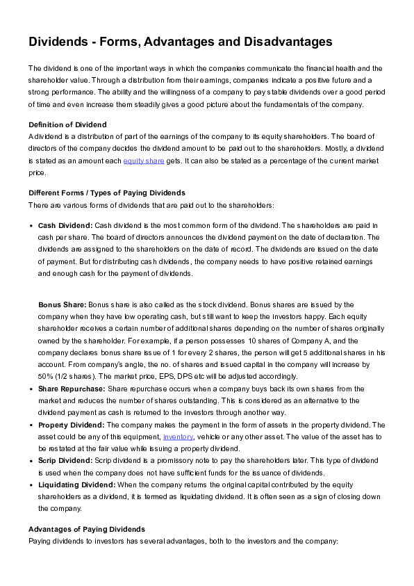 (PDF) Dividends ­ Forms, Advantages and Disadvantages