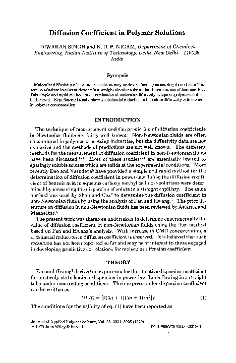 (PDF) Diffusion coefficient in polymer solutions