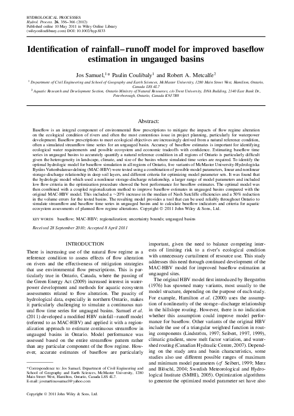 Pdf Identification Of Rainfall Runoff Model For Improved Baseflow Estimation In Ungauged Basins
