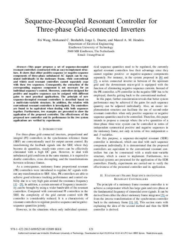 Pdf Sequence Decoupled Resonant Controller For Three Phase Grid Connected Inverters