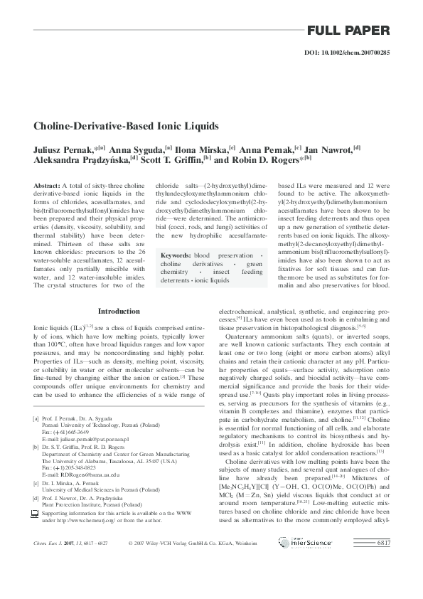 (PDF) Choline-Derivative-Based Ionic Liquids