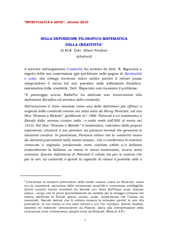 (PDF) SULLA DEFINIZIONE FILOSOFICO-MATEMATICA DELLA CREATIVITA'