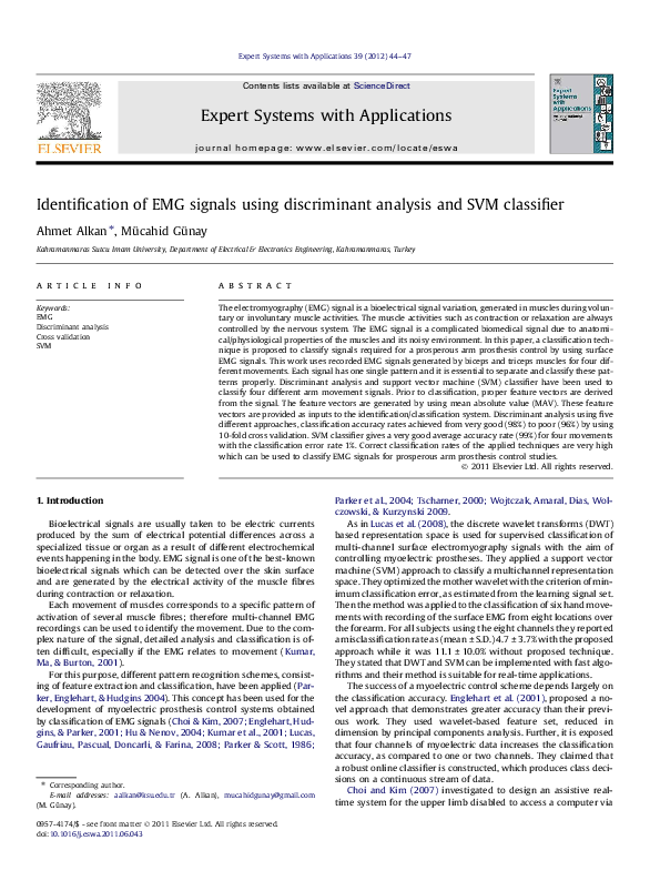Pdf Identification Of Emg Signals Using Discriminant Analysis And Svm Classifier
