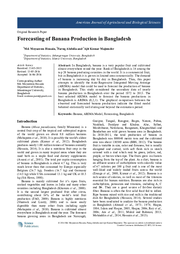 Pdf Forecasting Of Banana Production In Bangladesh