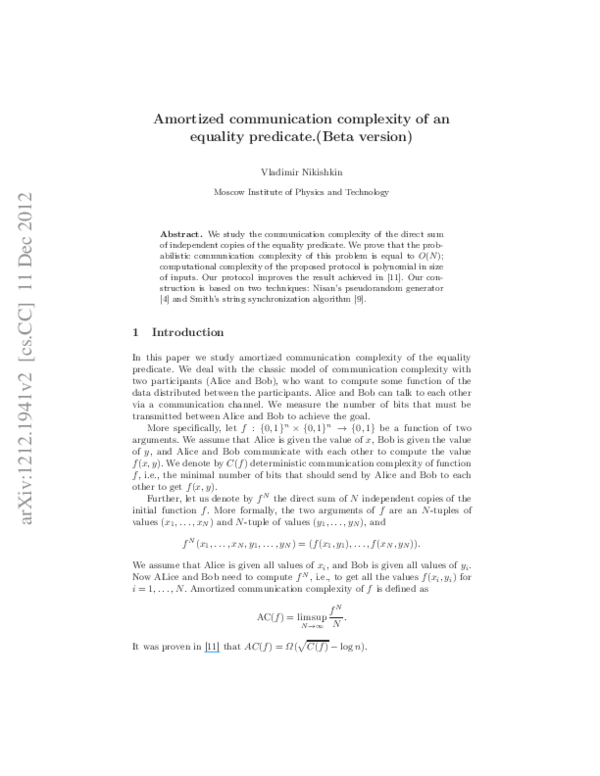 (PDF) Amortized Communication Complexity of an Equality Predicate