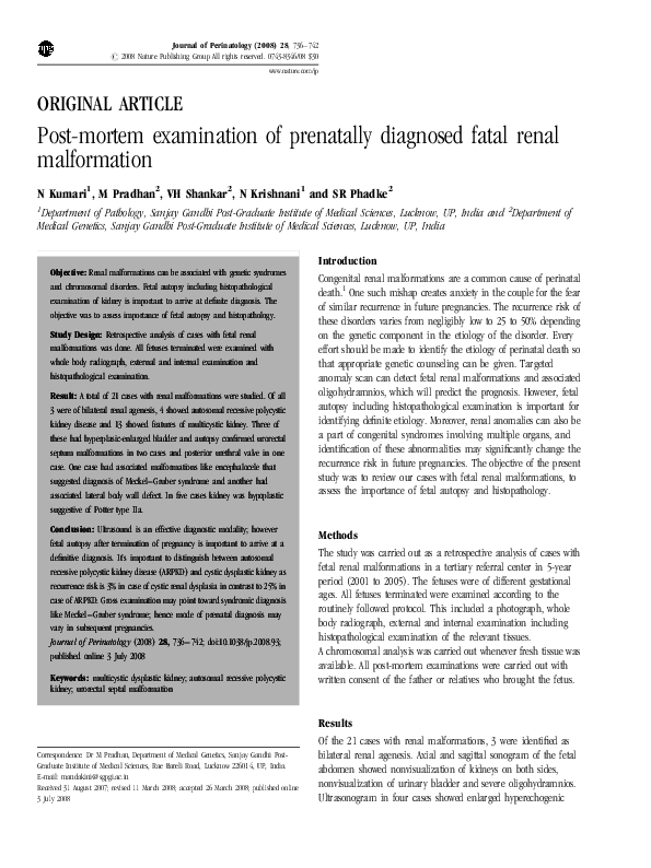 (PDF) Post-mortem examination of prenatally diagnosed fatal renal malformation